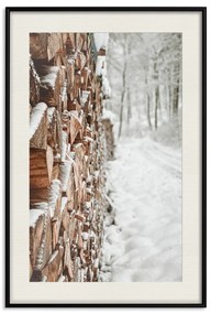 Plakát Zimní les - fotografie hromady dřeva na zasněžené lesní cestě