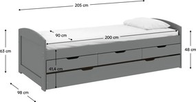 Postel s výsuvnou přistýlkou, šedá, masiv, 90x200, MARINELLA NEW