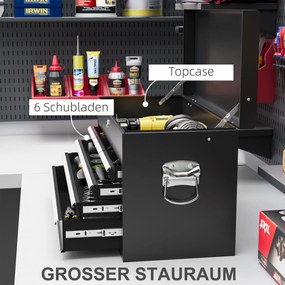 HOMCOM Box na nářadí, kufr na nářadí bez nářadí, se 6 zásuvkami, zámek, box na nářadí s rukojetí, box na nářadí, ocel, černý, 60 x 26 x 34 cm