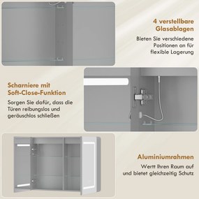HOMCOM Zrcadlová skříňka do koupelny s LED osvětlením, 60 x 80 cm koupelnová skříňka s protimlžnou, 3-cestnou stmívatelnou