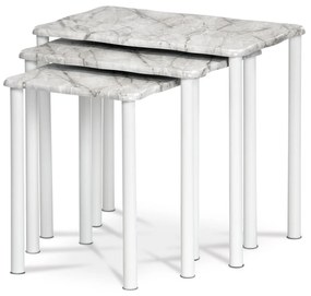 Přístavné a odkládací stolky, set 3 ks, deska šedobílý mramor, kovové nohy, bílý - 20658-04 WT