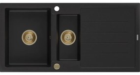 Mexen Andres 1,5-miskový granitový dřez s odkapávačem 1000 x 500 mm Černá, sifon Zlatá - 6515101510-77-G