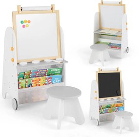 Costway Dětský stojan s taburetem 4-v-1 Dětská tabule s magnetickou tabulí, bílá