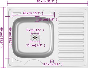 vidaXL Kuchyňský dřez s odtokem stříbrný 800x600x155 mm nerezová ocel [147233]