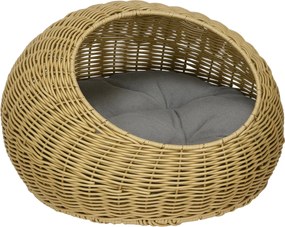 PawHut Ratanový košík pro kočky s polštářem, kočičí dům pro kočky do 4 kg, pelíšek s kočičí jeskyní, vnitřní použití, PE ratan, Ø50 x 31 cm, Světle hn