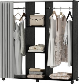 HOMCOM Šatní skříň, šatník, mobilní úložná skříň 6 koleček 120L x 40l x 128H cm, černé dřevo