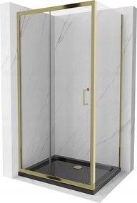 Mexen Apia sprchový kout s posuvnými dveřmi 90 (dveře) x 100 (stěna) cm, 5mm čiré sklo, zlatý profil + černá sprchová vanička SLIM, 840-090-100-50-00-4070G