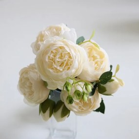 Umělá kytice pivoňek - 5 květů s poupaty (A) Barva: Bílá