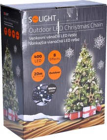Solight LED venkovní vánoční řetěz, 400 LED, 20m, přívod 5m, 8 funkcí, IP44, studená bílá