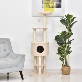 PawHut Kočičí škrabadlo Výška 148 cm Kočičí věž se sisalovými sloupky 3 platformy Dům a zavěšená kulička Béžová