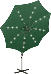 Boční zahradní slunečník s tyčí a LED světly zelený 300 cm 312337