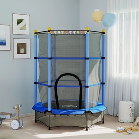 HOMCOM Dětský Trampolína Ø140 cm, Trampolína s Ochrannou Síťkou, Krytem Okrajů, Zahradní Trampolína pro Děti 3-10 Let, Do 50 kg, Modrá
