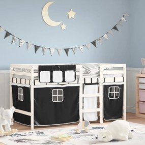 Dětská patrová postel se závěsy bílá a černá 90x190 cm borovice