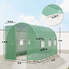 Skleník 3 x 2 x 2 m fóliový skleník s uzamykatelnými dvířky 6 rolovacích oken ze síťoviny Podpěrné tyče