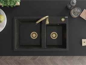 Mexen Tomas, granitový dřez 800x500x190 mm, 2-komorový, černá-zlatá metalíza se zlatým sifonem, 6516802000-75-G