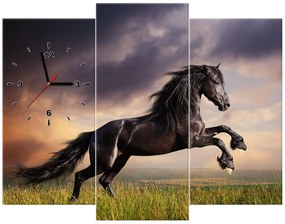 Gario Obraz s hodinami Silný černý kůň - 3 dílný Rozměry: 90 x 70 cm