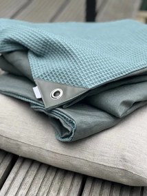 Pikniková deka dvouvrstvá - Zelená šalvějová - s koženými rohy s průchodkou - len / vafle Rozměr mix: 145x200 cm