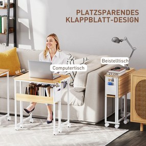 HOMCOM Skládací stůl Malý 63 cm Skládací stůl na kolečkách Šetřící prostor Počítačový stůl se policí, Úložná taška, pro domácí kancelář, Přírodní