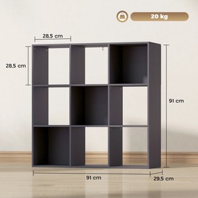 HOMCOM knihovna, třípatrový úložný regál s 9 přihrádkami, do obývacího pokoje, kanceláře nebo ložnice, 91 x 29,5 x 91 cm, šedá