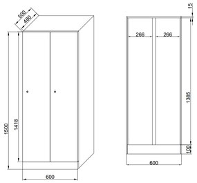 Šatní skříňka snížená, 2 oddíly, 1500 x 600 x 500 mm, cylindrický zámek, červené dveře