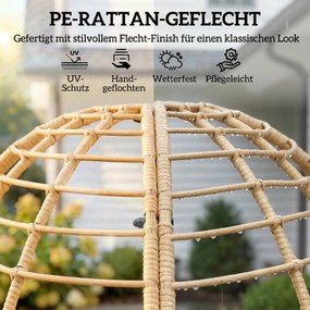 Outsunny vejčité křeslo z PE ratanu s podnožkou — boho lounge pro terasu i interiér, tlusté polštáře, práškově lakovaný rám, béžové