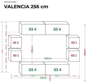 Ral Obývací stěna VALENCIA 2, 256 cm - Bílý lesk