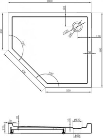 Mexen Flow+, pětiúhelníková sprchová vanička, pravá, 100 x 90 cm, bílá lesklá, 46P109010RH