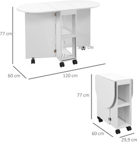 HOMCOM Skládací jídelní stůl na kolečkách s rozkládacími bočnicemi a 2 otevřenými policemi, moderní styl, nosnost 80 kg, 120x60x77 cm, bílý