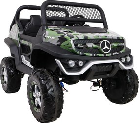 Ramiz Mercedes Benz Unimog elektrické autíčko pro děti maskáčové + pohon 4x4 + dálkové ovládání + nosič zavazadel + pomalý start + rádio MP3 + LED