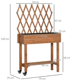 Outsunny Vyvýšený květináč / záhon s odkládací policí a kolečky, dřevo masiv, 79 x 29 x 130 cm 845-899V00BN