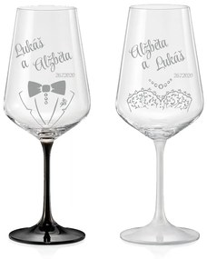 Svatební skleničky na víno Novomanželé B&W s krystaly, 2 ks
