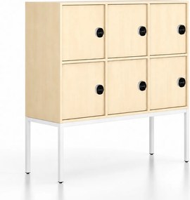 Kancelářská skříň FRAME, nízká, bílá podnož, 6x dveře, 1299 x 450 x 1331 mm, RFID zámek, bříza