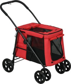 Skládací kočárek pro domácí mazlíčky PawHut pro psy a kočky, včetně polštáře, kol s brzdou, 600D Oxfordská tkanina, ocel, 102 x 62 x 105 cm, červená |