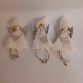 Sada vánočních ozdob andílků 11,5 cm, bílá, dřevo, příze