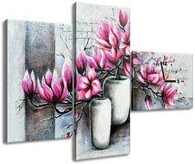 Gario Obraz s hodinami Růžové magnolie ve váze - 3 dílný Rozměry: 90 x 70 cm