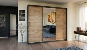 GAB Posuvná šatní skříň se zrcadlem MONTAIRE 250 cm Barva dřeva: Dub Wotan + černá