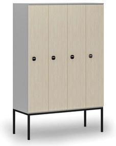 Dřevěná šatní skříňka S4 s podnoží, 4 oddíly, 1871 x 1200 x 500 mm, demont, RFID zámek, šedá/bříza