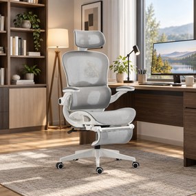 HOMCOM ergonomická kancelářská židle s bederní opěrkou, podnožkou a opěrkou hlavy, šedá