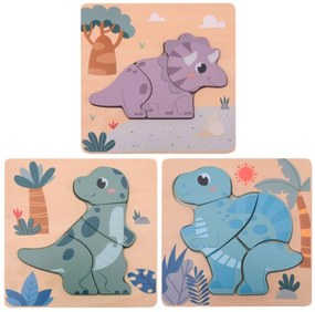 _Ostatní 1_ JOUECO DŘEVO Puzzle baby vkládací Dino na desce velké dílky 3 druhy 80157