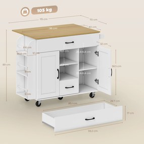 HOMCOM Kuchyňský ostrůvek na kolečkách, skládací pracovní plocha, skříňky se soft-close dveřmi, zásuvky, držák na ručníky, MDF, bílá