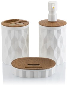 Sada koupelnových doplňků Reina, bílá/prvky s povrchovou úpravou v dekoru dřeva