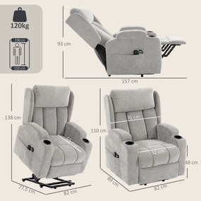 HOMCOM Elektrické křeslo s vybavením na vstávání s masáží a vytápěním, elektrické relaxační křeslo z chenillu, sklápěcí opěrka hlavy, světle šedá