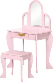 HOMCOM Dětský Toaletní Stolek s Taburetem a 3 Zrcadly - 3-6 let - 52 x 32 x 85 cm - Růžový