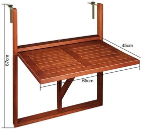 Závěsný balkonový stolek, akáciové dřevo 65x45x87cm, certifikát FSC®- sklápěcí