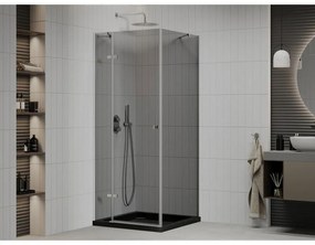 Mexen Roma, sprchový kout s křídlovými dveřmi 90 (dveře) x 90 (stěna) cm, 6mm šedé sklo, chromový profil + slim sprchová vanička černá + chromový sifon, 854-090-090-01-40-4070