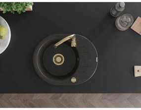 Mexen Kevin, granitový dřez 586x458x190 mm, 1-komorový, černá-zlatá metalíza se zlatým sifonem, 6517581005-75-G