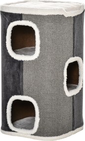 Škrabací strom PawHut pro kočky, 3 úrovně, dřevotříska, sametový polyester, sisal, šedá+bílá, 40x40x74cm| Aosom
