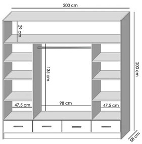 Šatní skříň se zrcadlem SANNA 200x215 cm dub sonoma