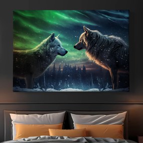 Obraz na plátně - Vlci z očí do očí polární záře FeelHappy.cz Velikost obrazu: 210 x 140 cm