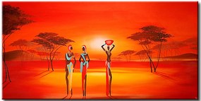 Obraz Africký motiv (1dílný) - ženy na savaně na pozadí slunce
